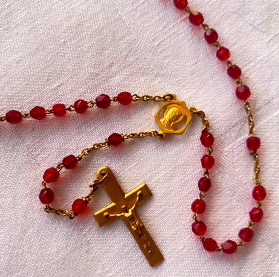 Rosary, gold plated and ruby glass, 48 pearls, Cathol… - Gem
