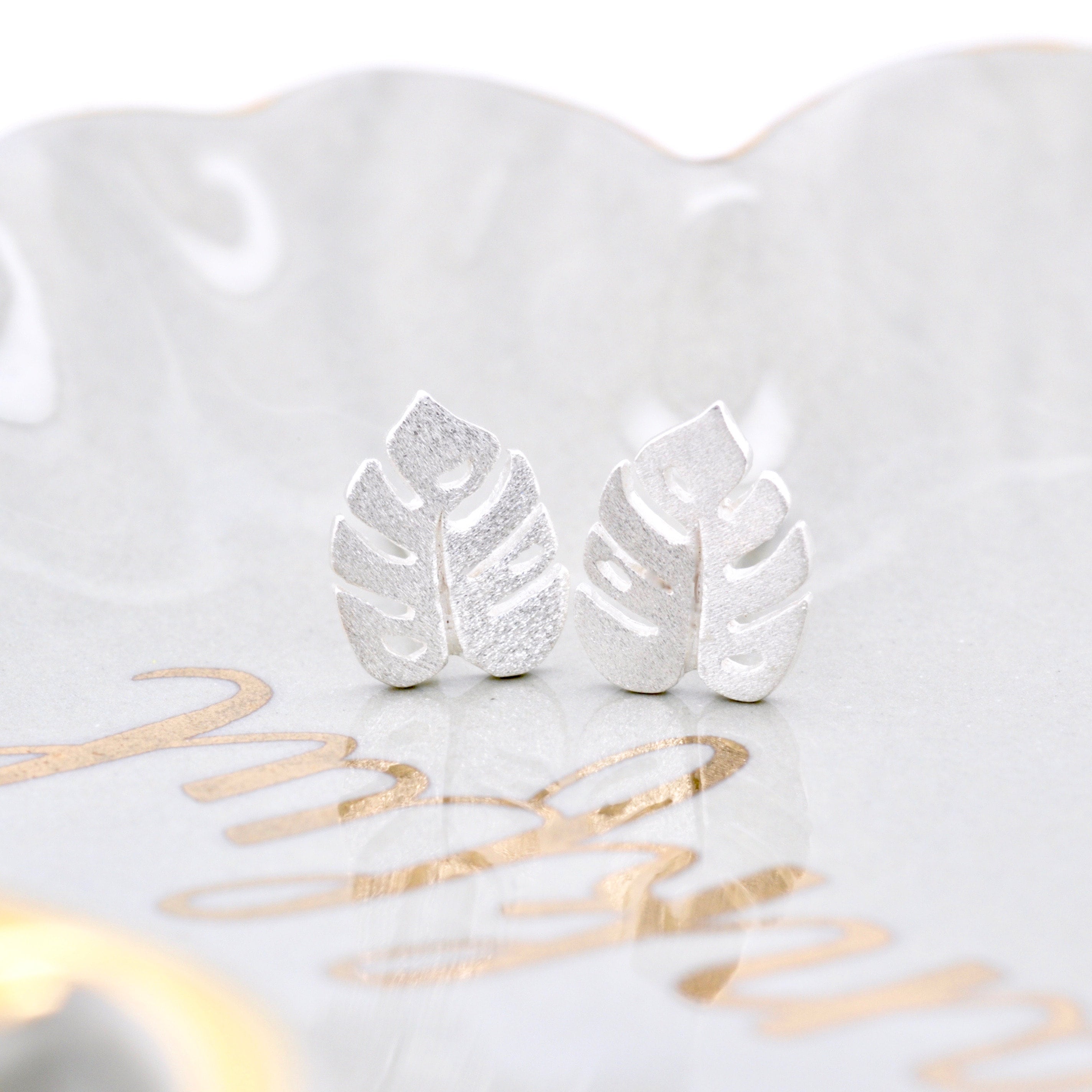 Monstera Leaf Stud Earrings in Sterling Silver 925 Tropical | Etsy