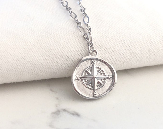 Compass Wax Seal Necklace, Silver Compass Pendant, Compass Medallion ...