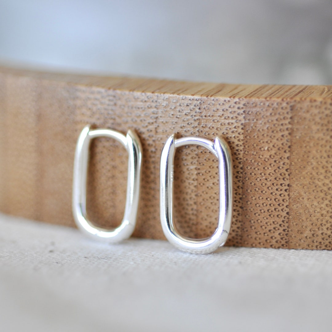 Sterling Silver Rounded Rectangular Huggie Earrings, Small Hoops ...