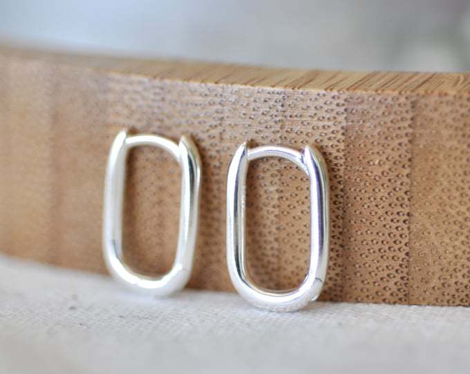 Sterling Silver Rounded Rectangular Huggie Earrings, Small Hoops, Everyday Earrings, Jamber ...