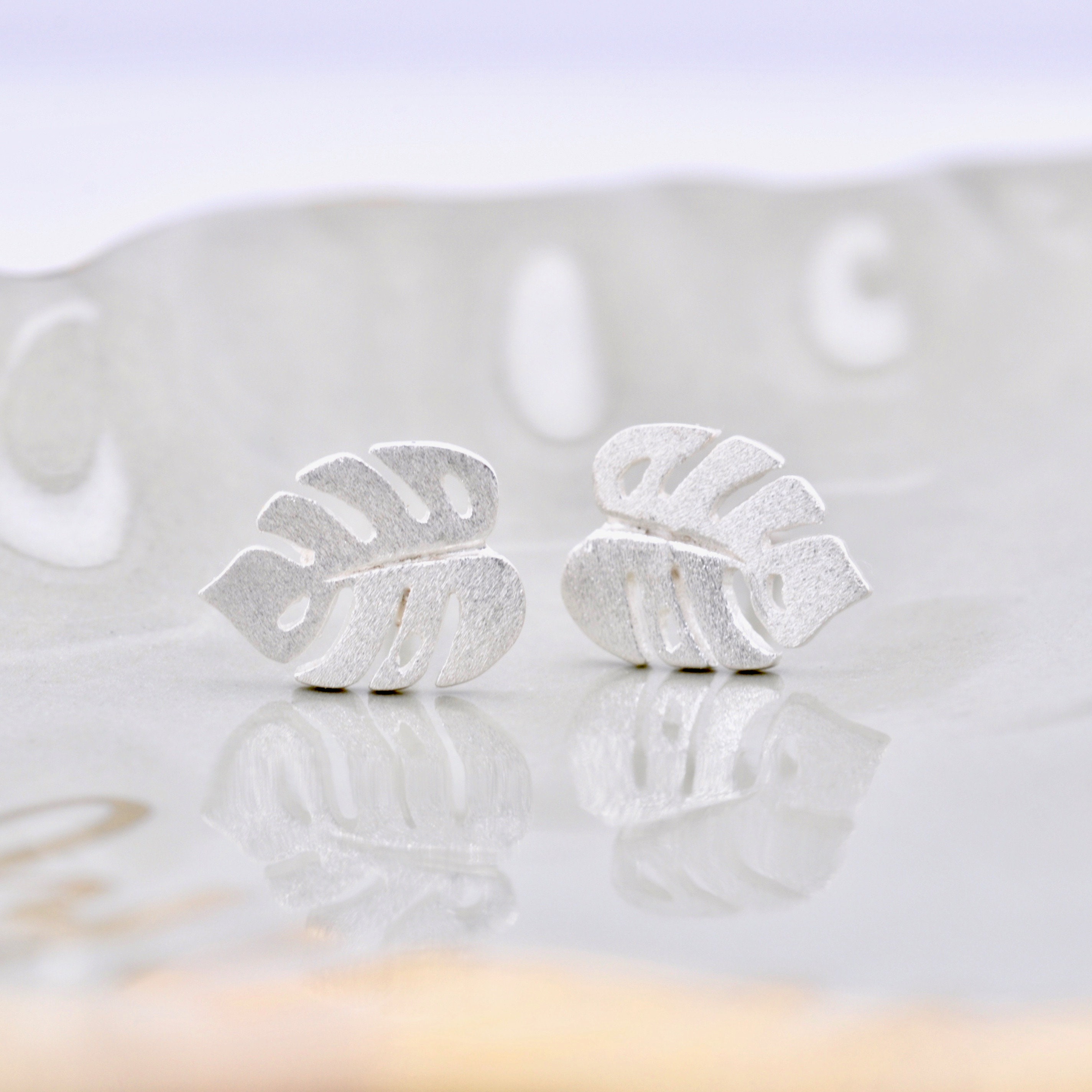 Monstera Leaf Stud Earrings in Sterling Silver 925 Tropical | Etsy