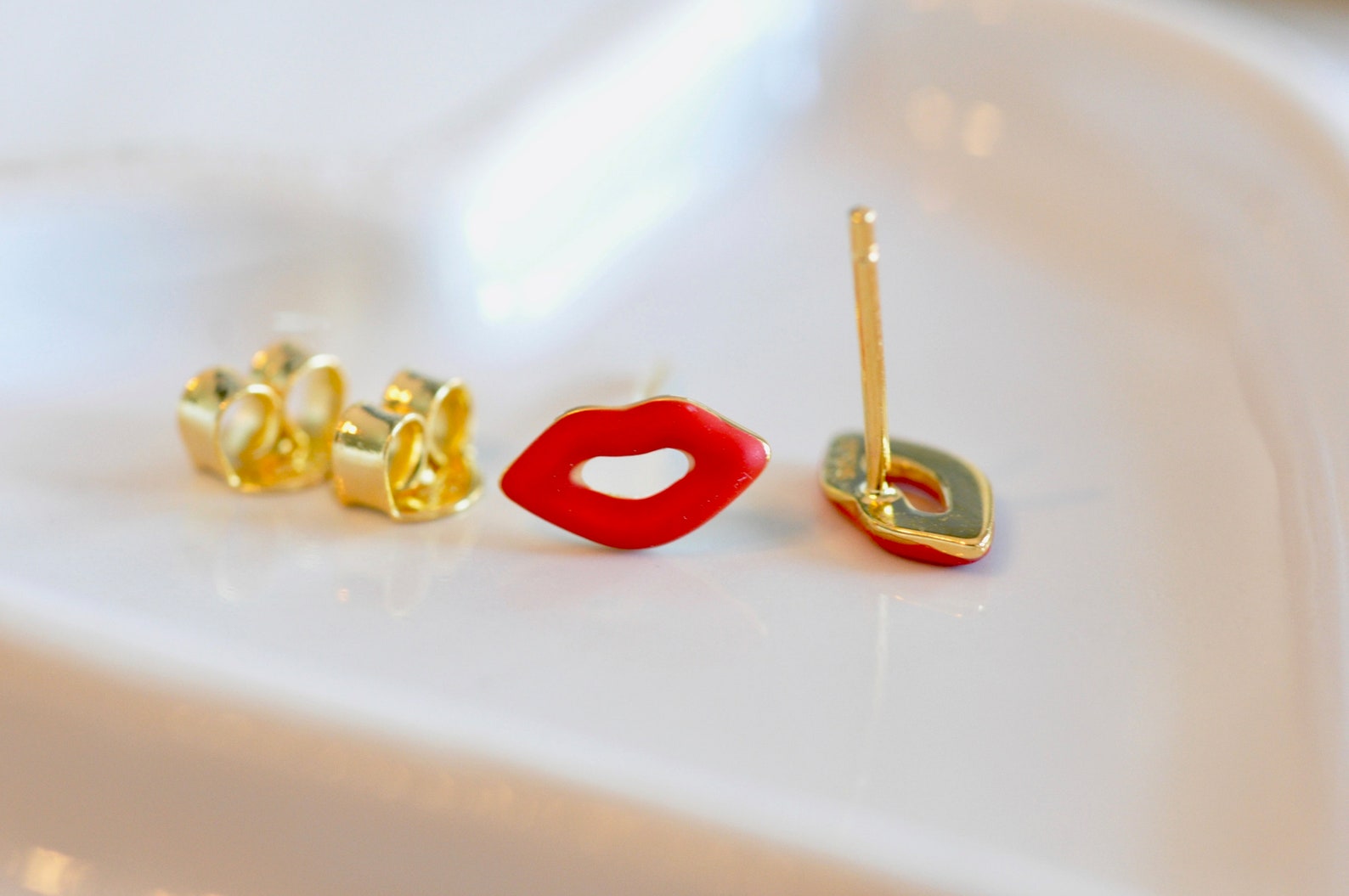 Dainty Red Lips Earrings in Sterling Silver 925 With Enamel, Kisses ...