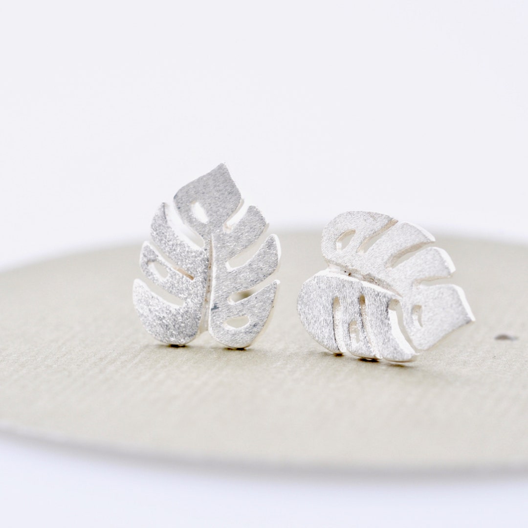 Monstera Leaf Stud Earrings in Sterling Silver 925, Tropical Leaf ...
