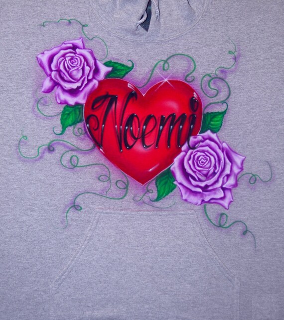 Airbrush Purple Roses Green Leaves Vines Red Heart Names Love | Etsy
