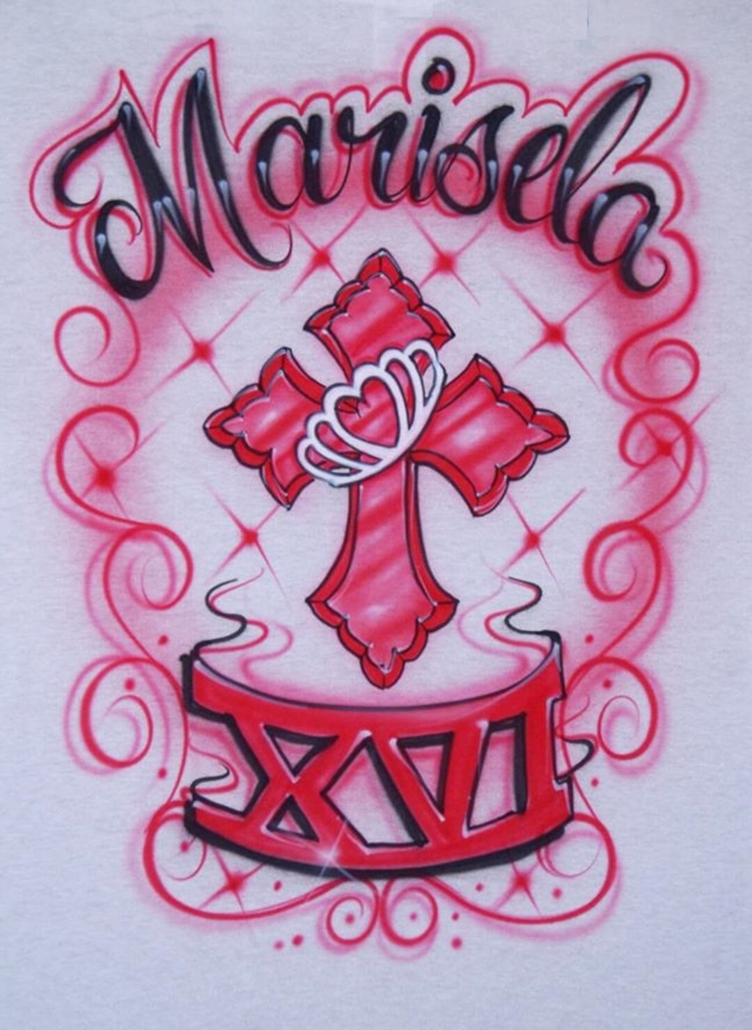 Airbrush Sweet Sixteen Princess Tiara Cross Roman Numeral XVI Script ...