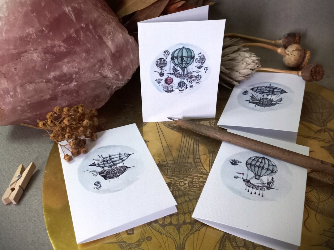 Printable Gift Card Set With 4 Whimsical Hot Air Balloon, Zeppelin and ...