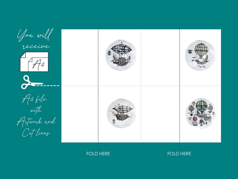 Printable Gift Card Set With 4 Whimsical Hot Air Balloon, Zeppelin and ...