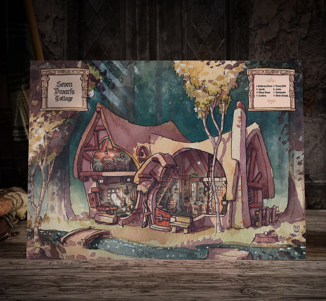 Snow White and the Seven Dwarfs Dwarfs Cottage Map Illustration Poster ...