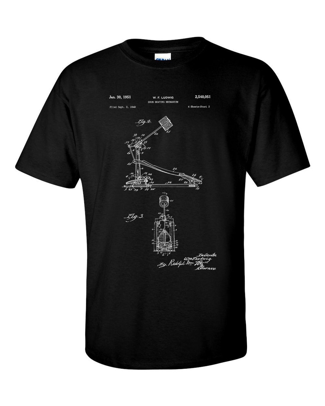 Drum Kick Patent T-shirt Drummer Drum Pedal Percussion Blueprint Shirt ...