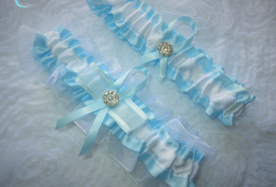 White Organza With Light Blue & White Satin Garter Set, Something Blue ...