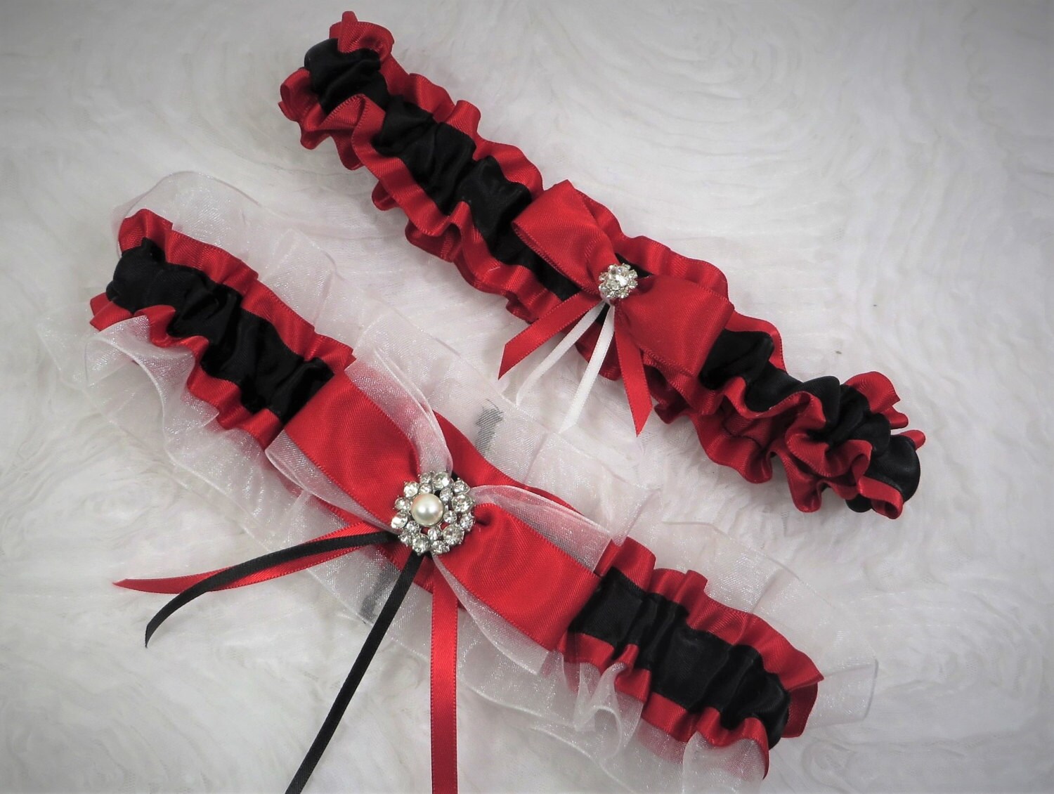 White Organza with Red & Black Garter Set Satin Ribbon | Etsy