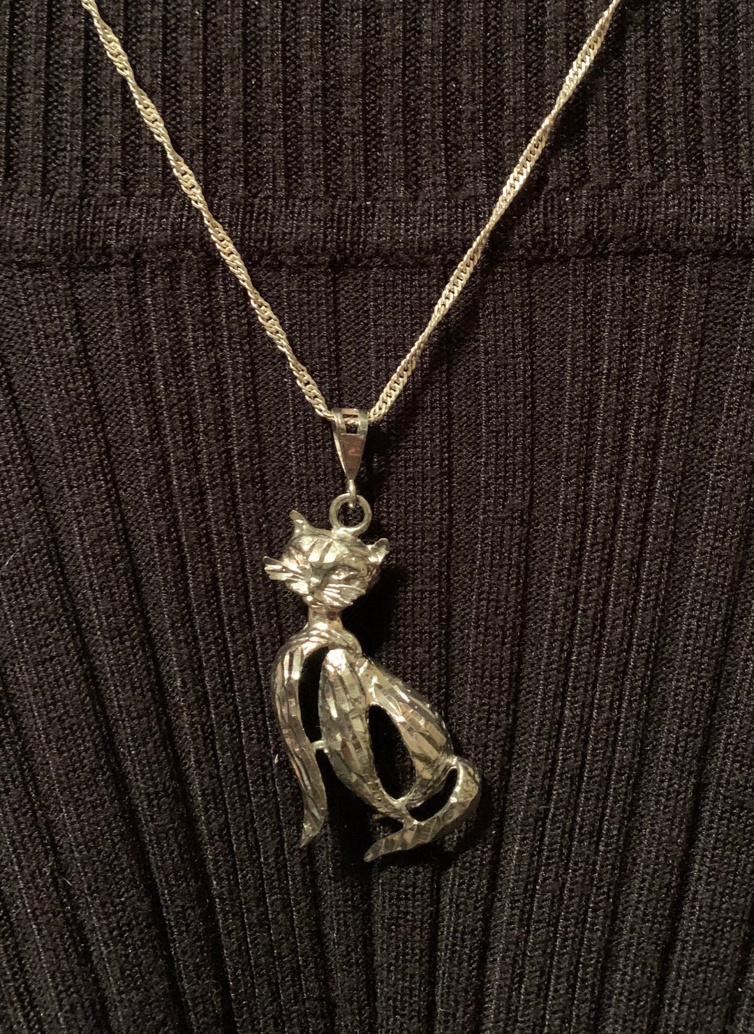 Vintage Sterling Etched Cut Out Cat Pendent Necklace, ITALY - Etsy