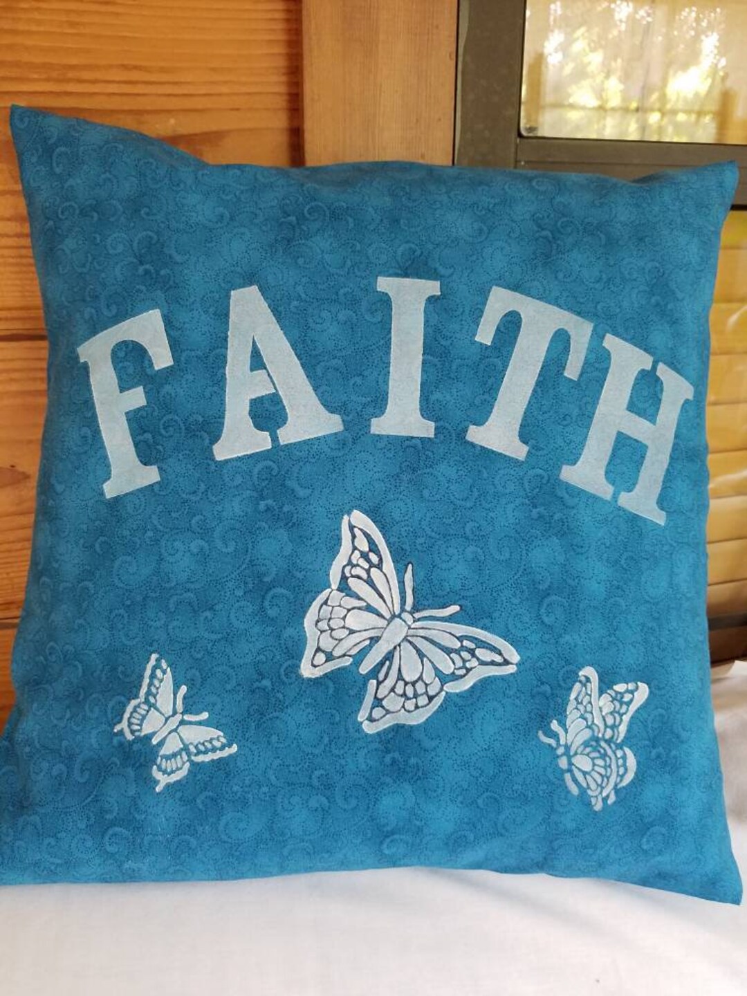 Hand-painted Faith Pillowcase, Butterflies, Blue Cotton Pocket ...
