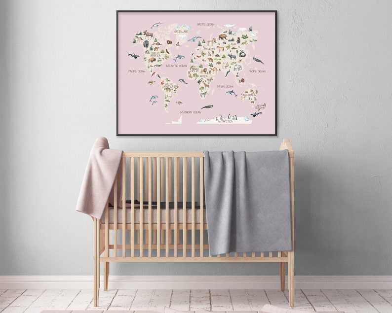 Childrens World Map Baby Girl Room Decor Animal World Map - Etsy