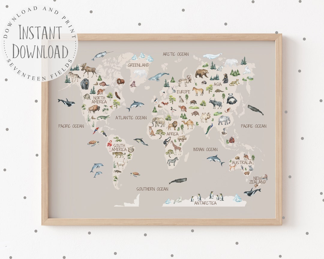 Mapa do mundo animal, Mapa do mundo infantil, Mapa infantil, Impressão ...