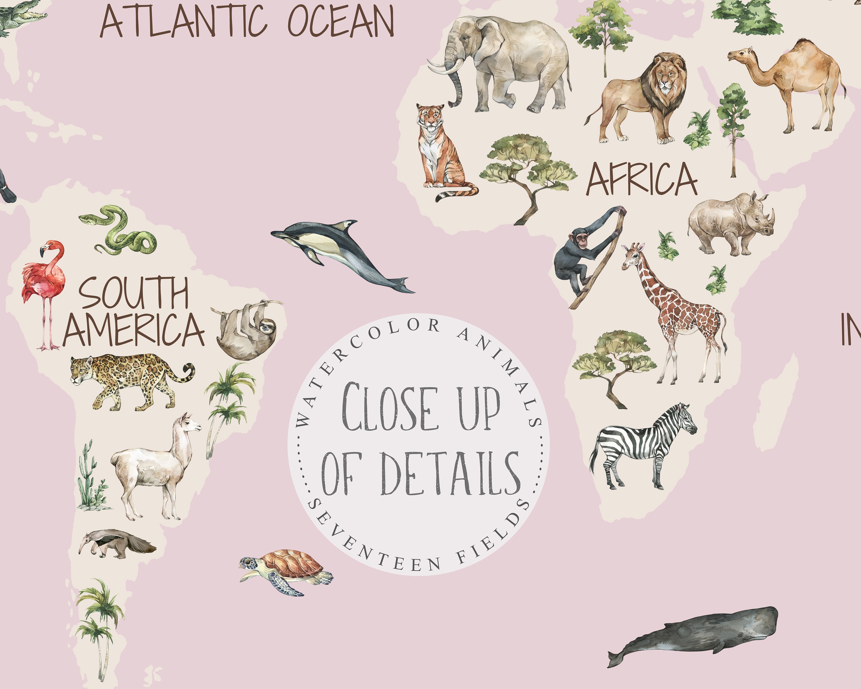 Childrens World Map Baby Girl Room Decor Animal World Map | Etsy