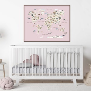 Childrens World Map, Baby Girl Room Decor, Animal World Map for Nursery ...