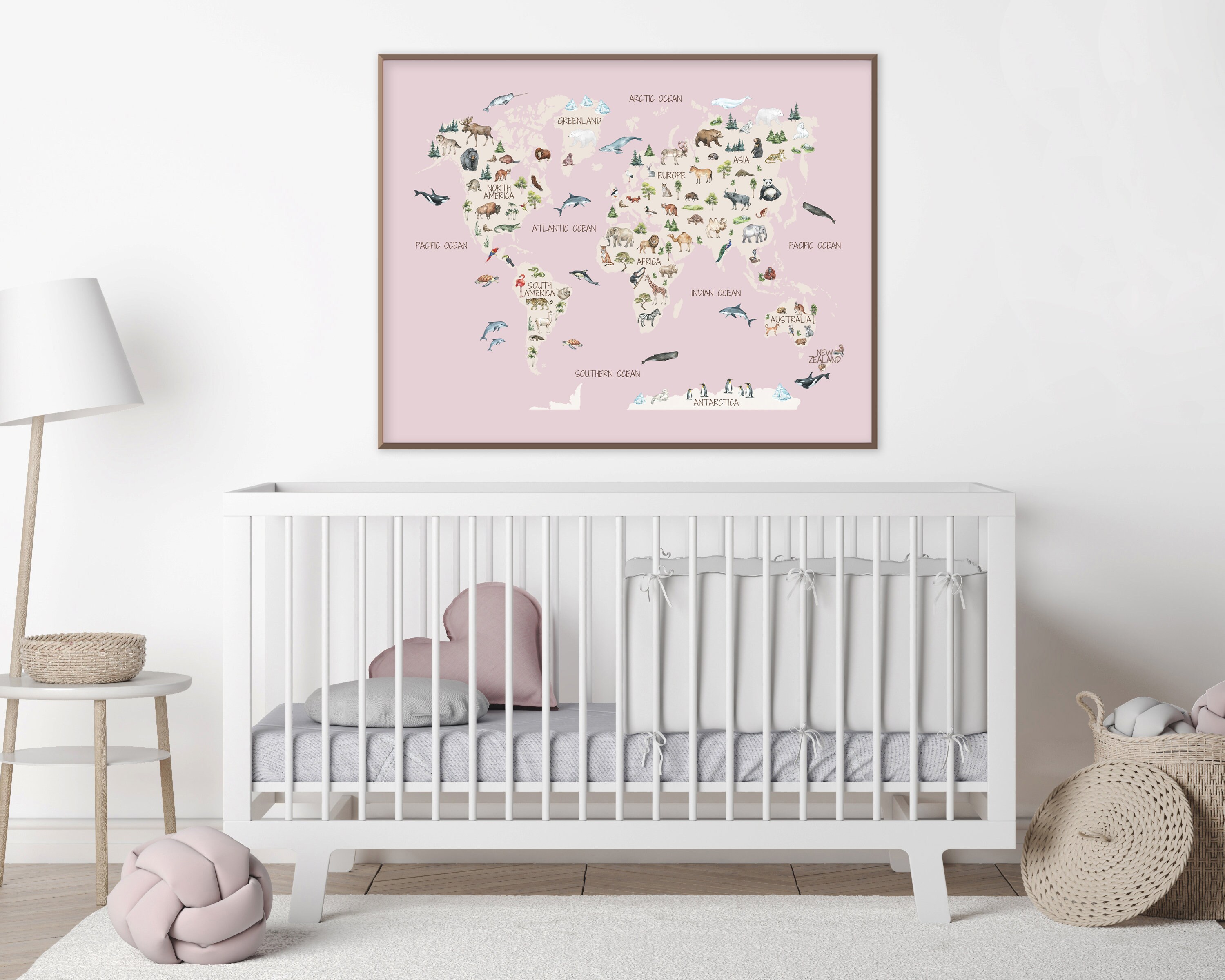 Childrens World Map Baby Girl Room Decor Animal World Map | Etsy