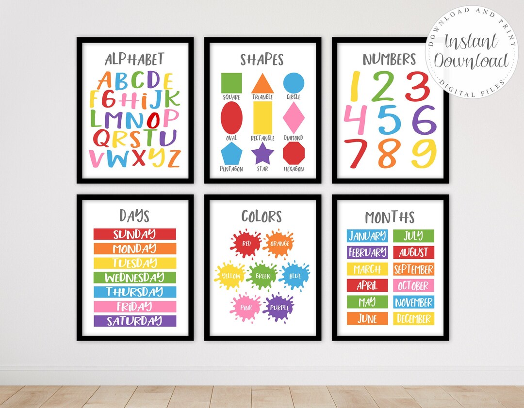 Educational Prints, Playroom Posters, Rainbow Classroom Decor, Set of 6 ...