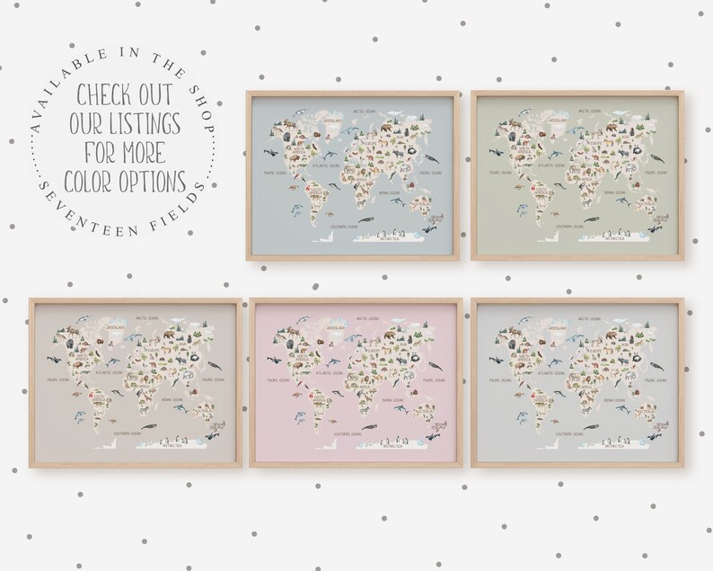 Childrens World Map Baby Girl Room Decor Animal World Map - Etsy