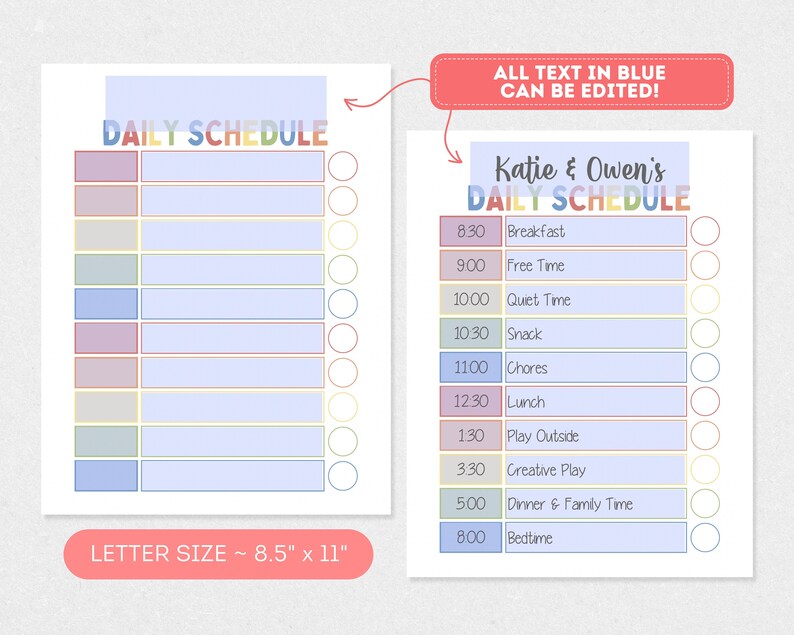 Daily Schedule Template for Kids Editable Chore Chart to Do - Etsy