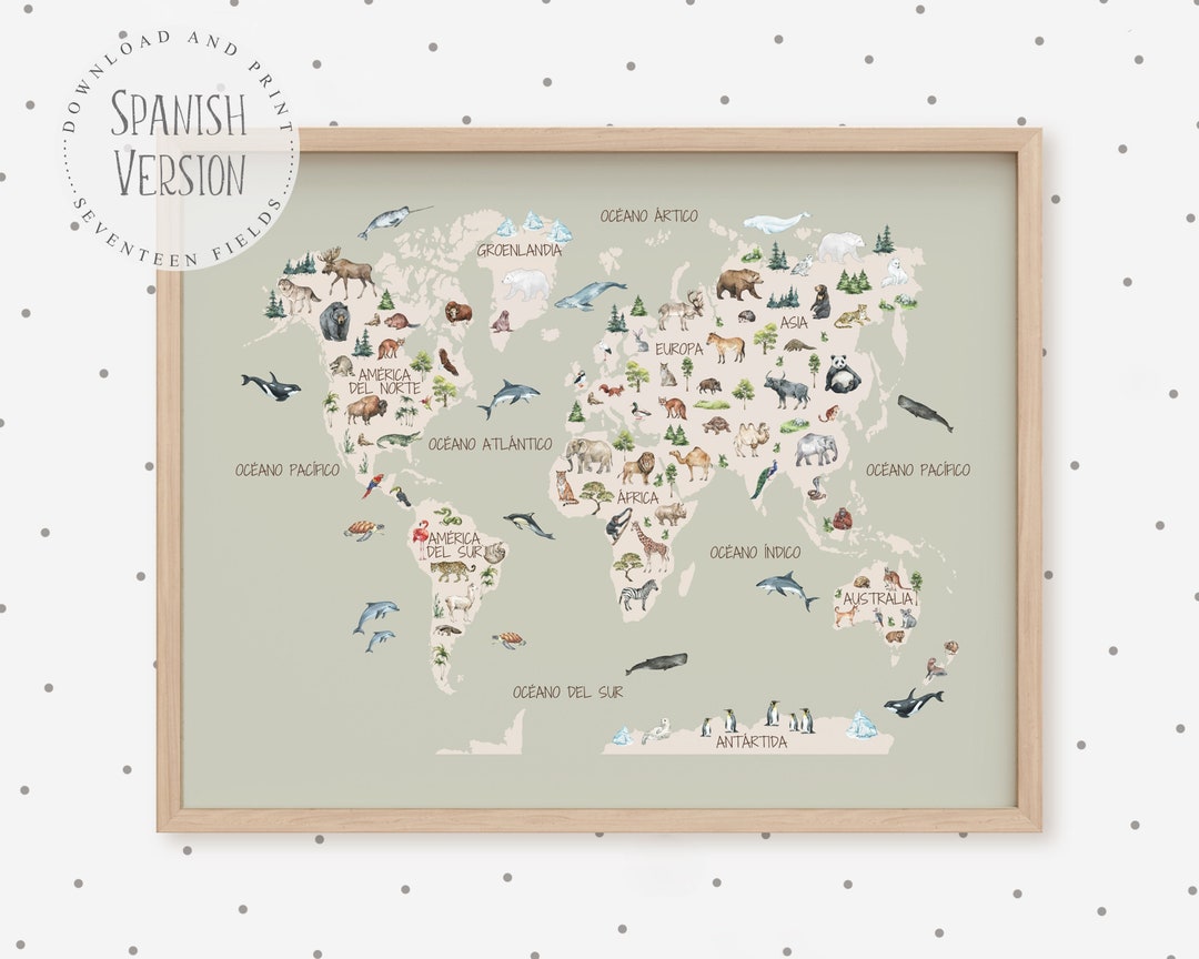 Spanish Nursery Decor, Kids World Map Wall Art, Animal World Map ...