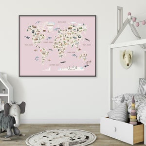 Childrens World Map, Baby Girl Room Decor, Animal World Map for Nursery ...