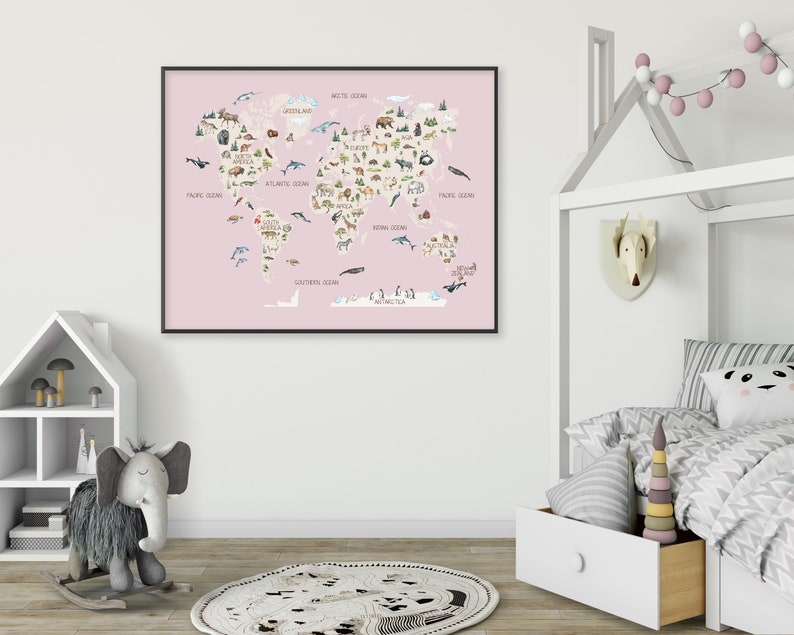 Childrens World Map Baby Girl Room Decor Animal World Map - Etsy