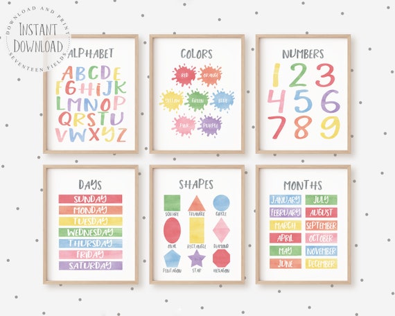 Learning Prints Educational Posters Set of 6 Toddler Wall | Etsy