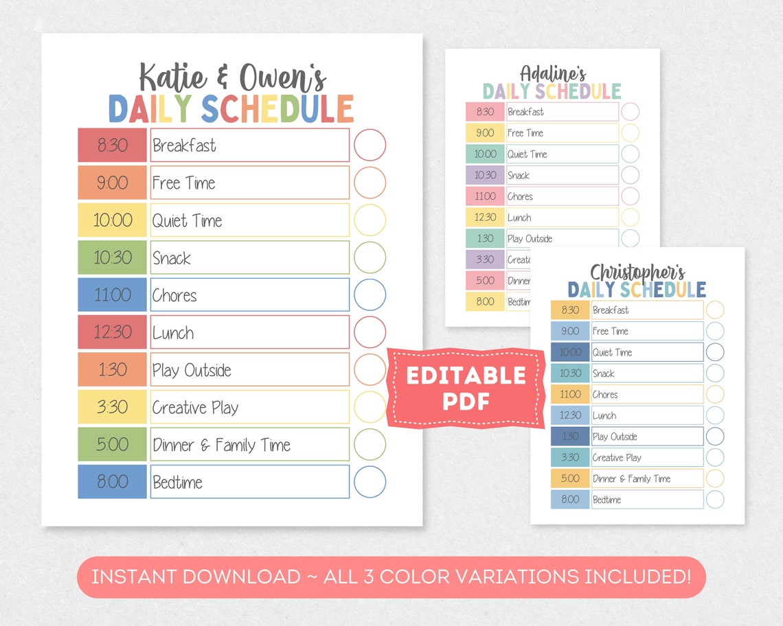 Daily Schedule Template for Kids Editable Chore Chart to Do - Etsy