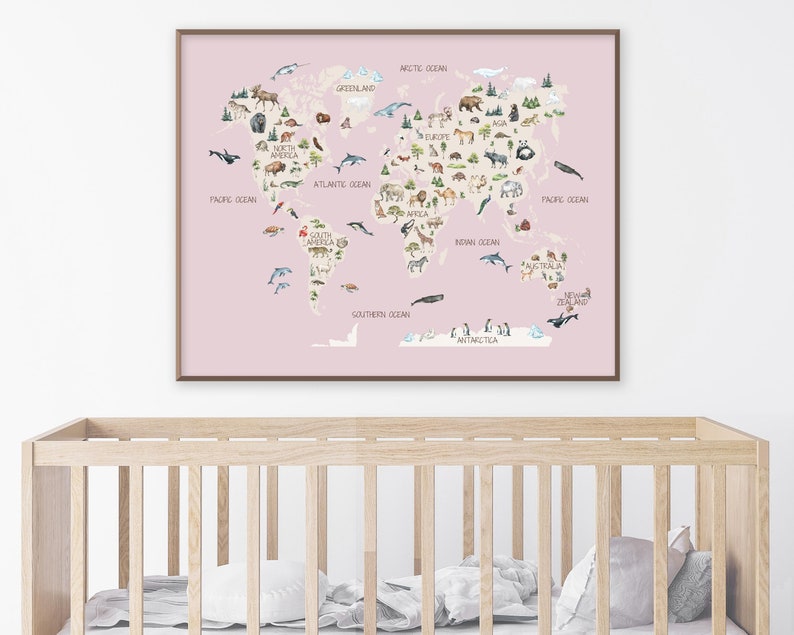 Childrens World Map Baby Girl Room Decor Animal World Map - Etsy