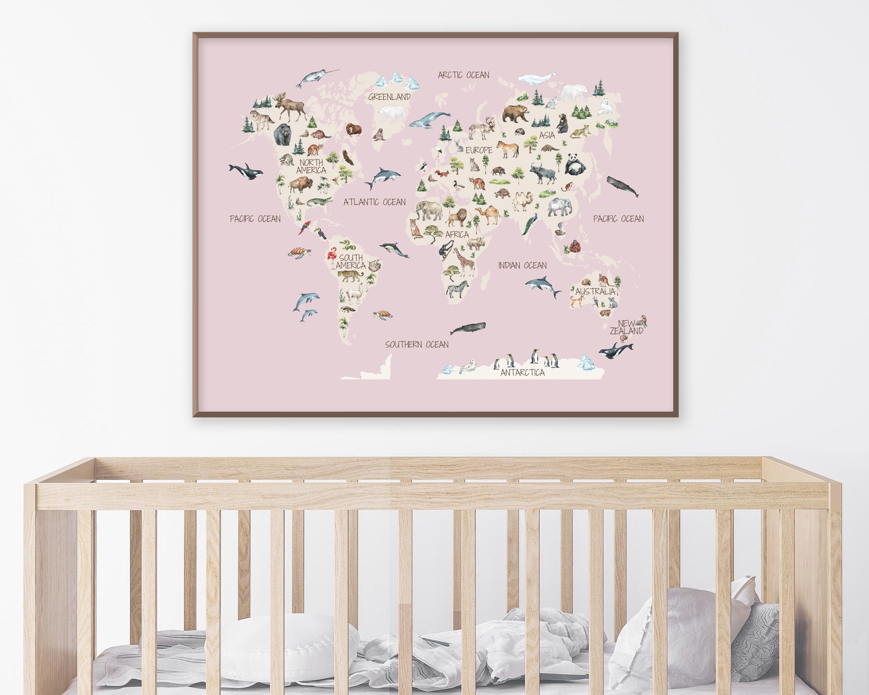 Childrens World Map Baby Girl Room Decor Animal World Map | Etsy
