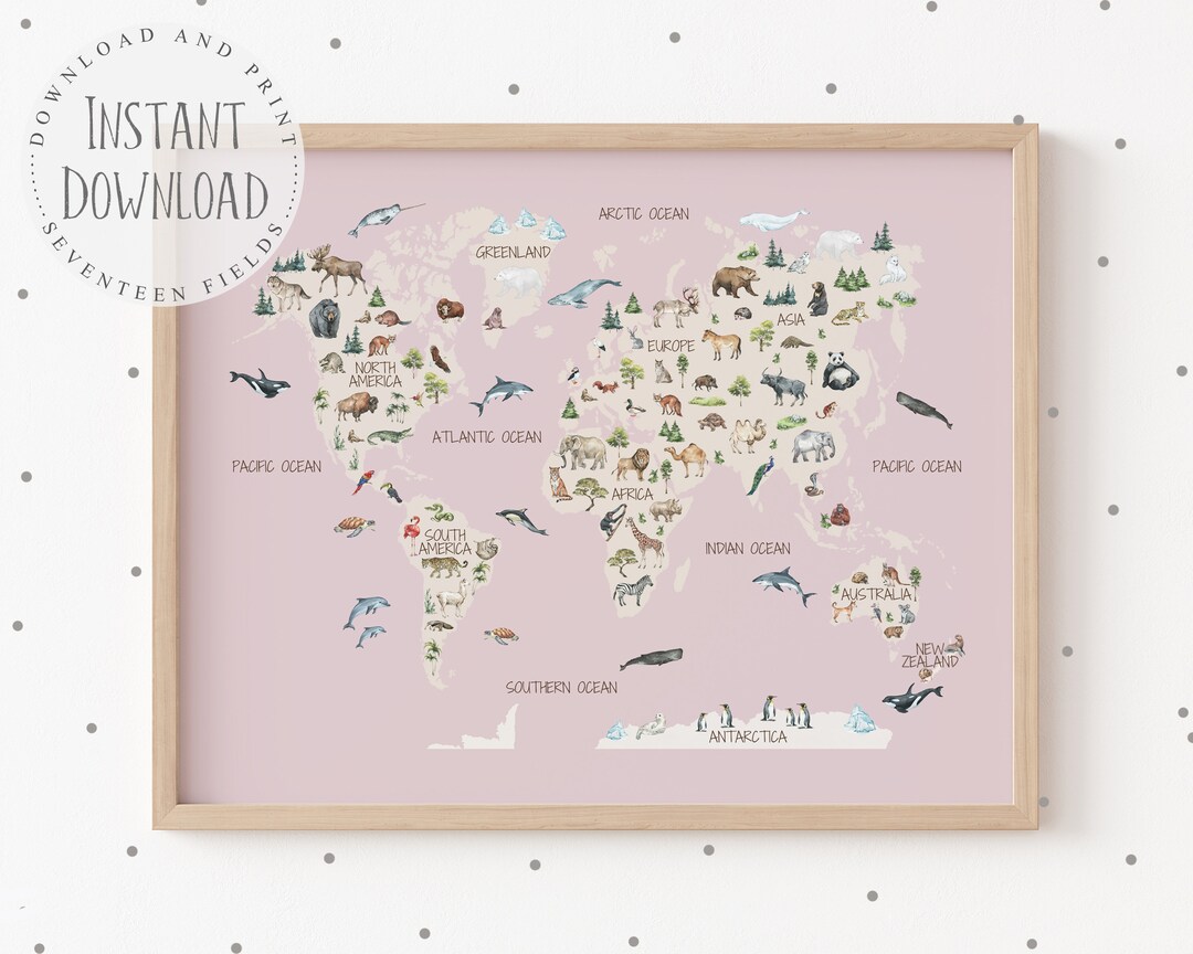 Childrens World Map, Baby Girl Room Decor, Animal World Map for Nursery ...