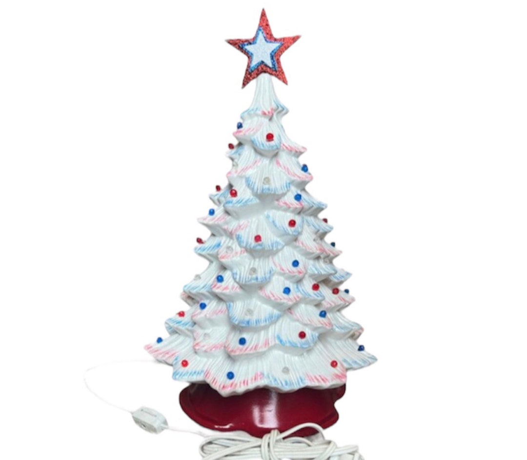 Red White and Blue Ceramic Christmas Tree With Star Pick - Americana ...