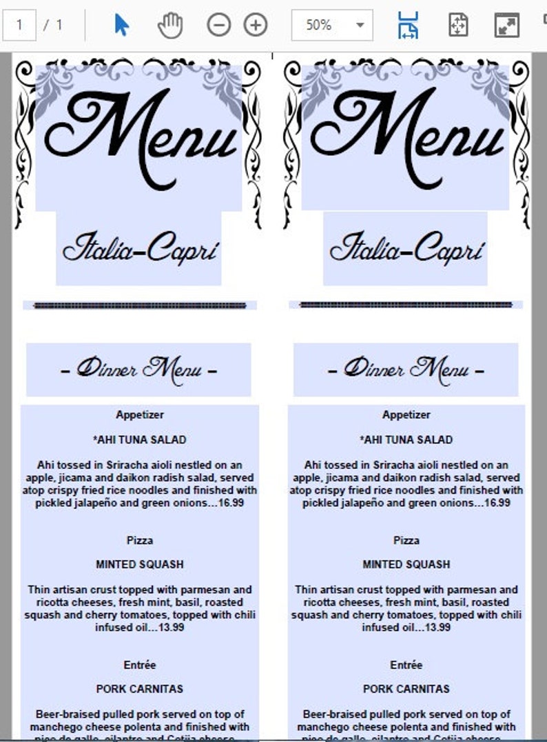 DIY Resturant Menu Fresh Sheet for INSTANT DOWNLOAD in .pdf Editable ...