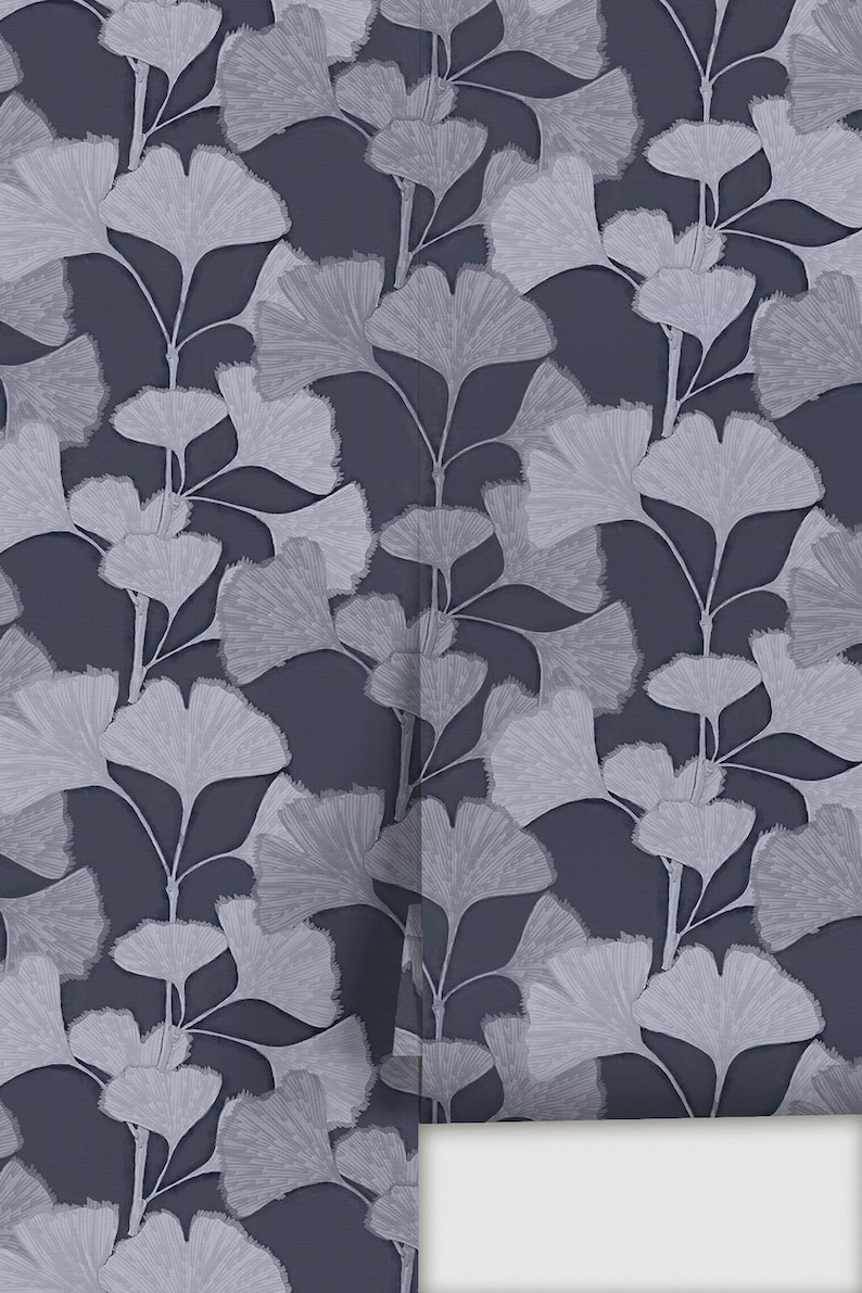 Ginkgo Vignette Wallpaper, Blue - Peel and Stick Wallpaper, Traditional ...