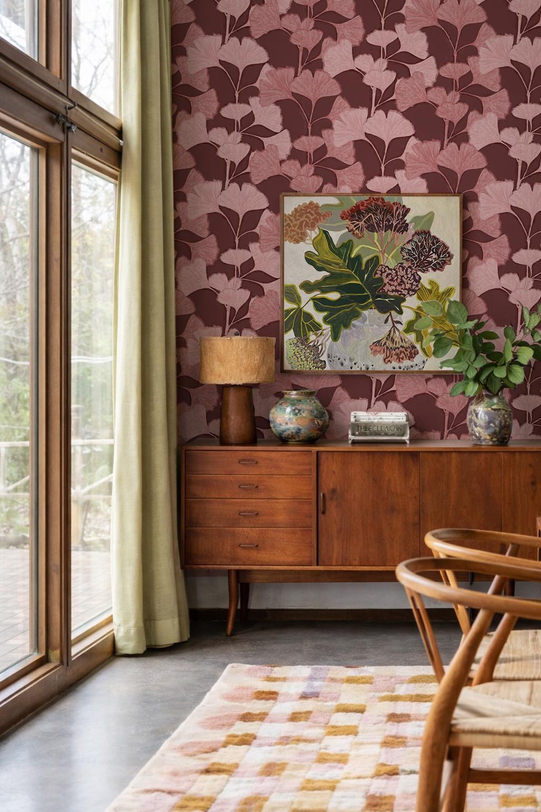 Ginkgo Vignette Wallpaper, Muted Wine and Blush - Etsy