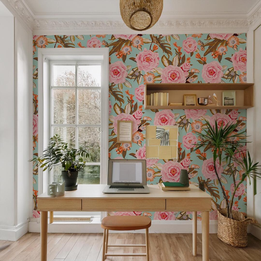 Posh Posy Wallpaper, Light Blue - Etsy