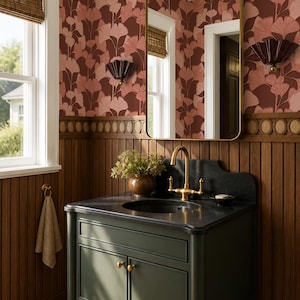 Ginkgo Vignette Wallpaper, Red Brown and Coral - Etsy