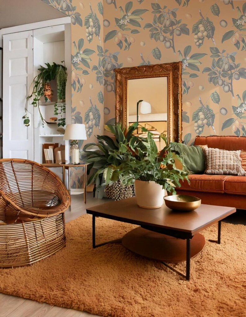 Muted Vintage Orchard Wallpaper, Orange - Etsy