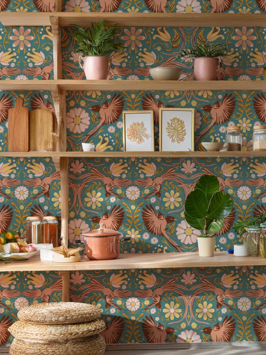 Folkie Birdie Wallpaper, Dusty Teal, Peach & Rust - Etsy
