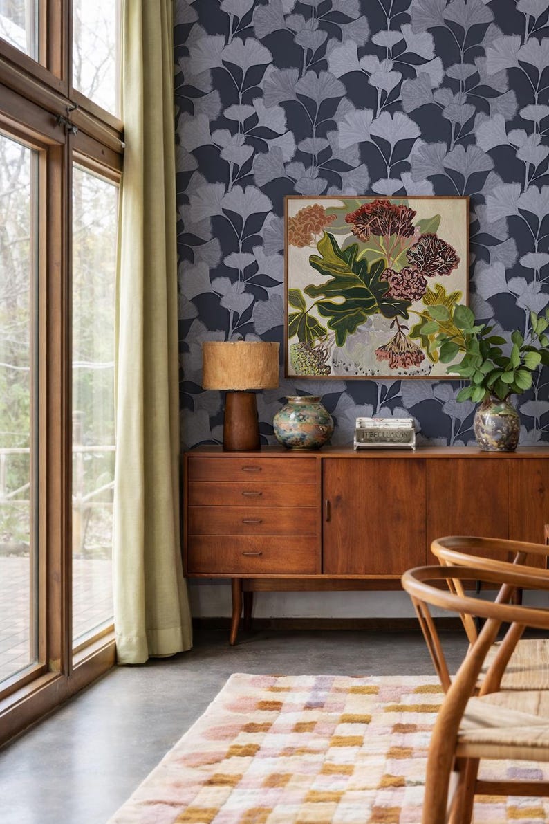 Ginkgo Vignette Wallpaper, Blue - Peel and Stick Wallpaper, Traditional ...