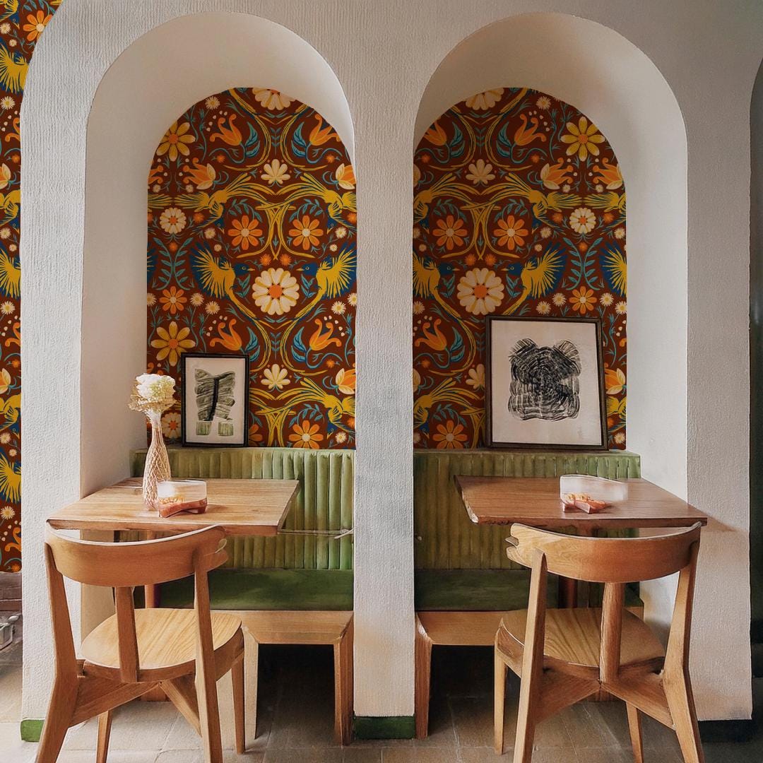 Folkie Birdie Wallpaper, Rust, Merigold & Blue - Etsy