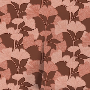 Ginkgo Vignette Wallpaper, Red Brown and Coral - Etsy