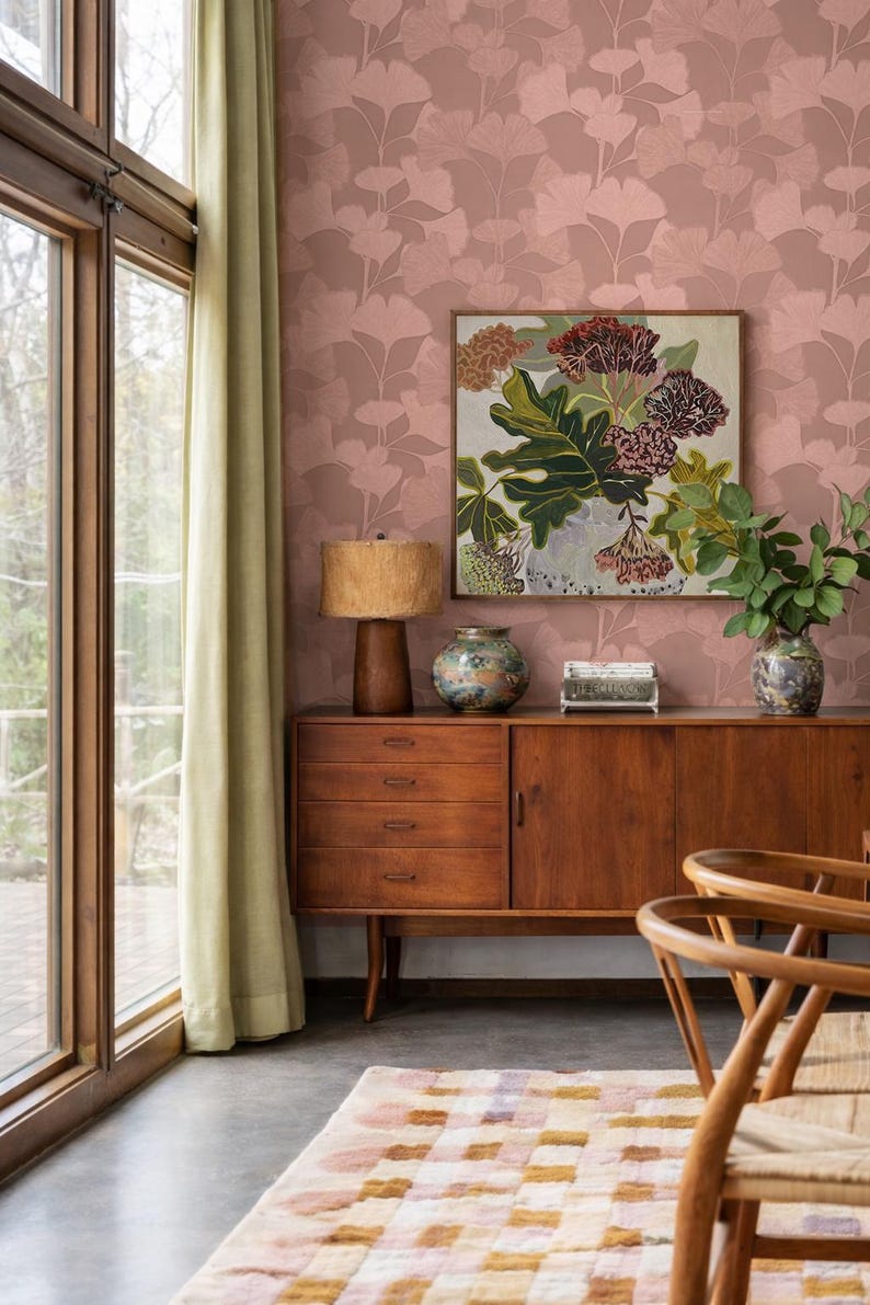Ginkgo Vignette Wallpaper, Peach - Etsy