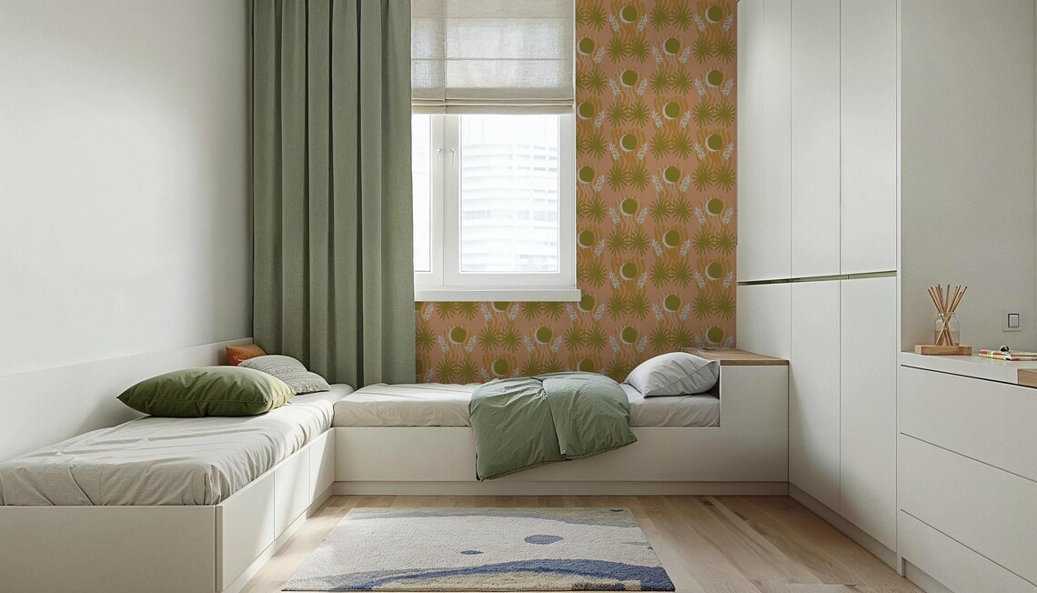 Yucca Moon Wallpaper, Peach & Green - Etsy