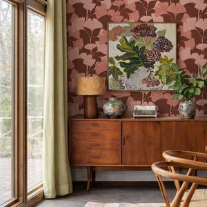 Ginkgo Vignette Wallpaper, Red Brown and Coral - Etsy