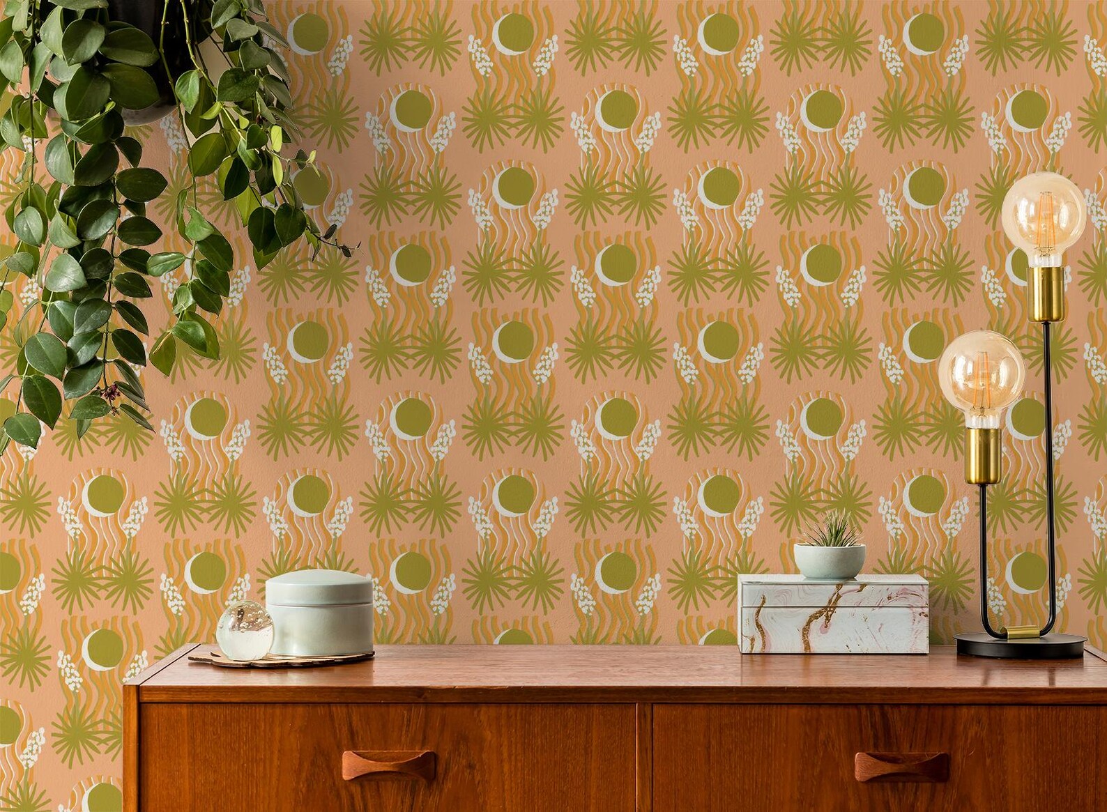 Yucca Moon Wallpaper, Peach & Green - Etsy