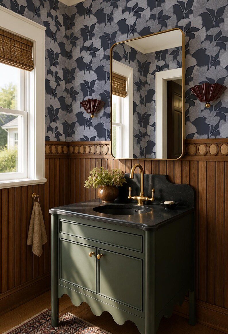 Ginkgo Vignette Wallpaper, Blue - Peel and Stick Wallpaper, Traditional ...